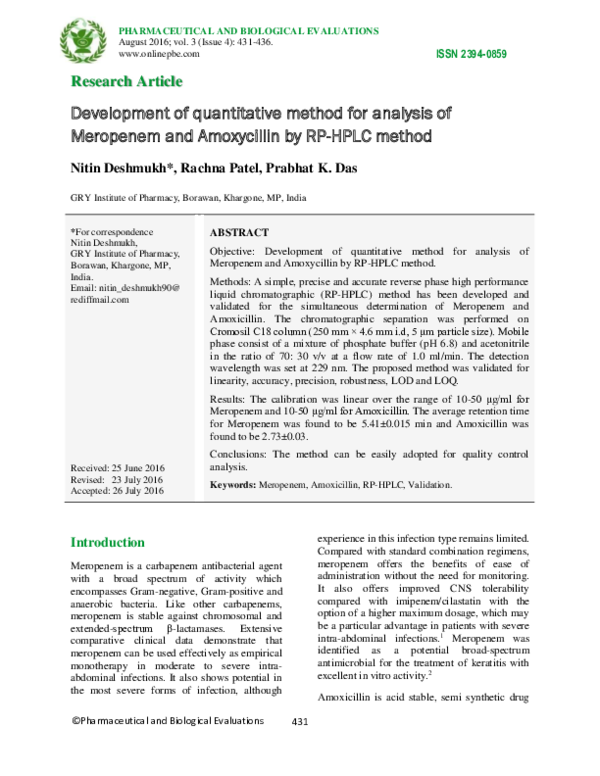 Pdf Development Of Quantitative Method For Analysis Of Meropenem And Amoxycillin By Rp Hplc Method