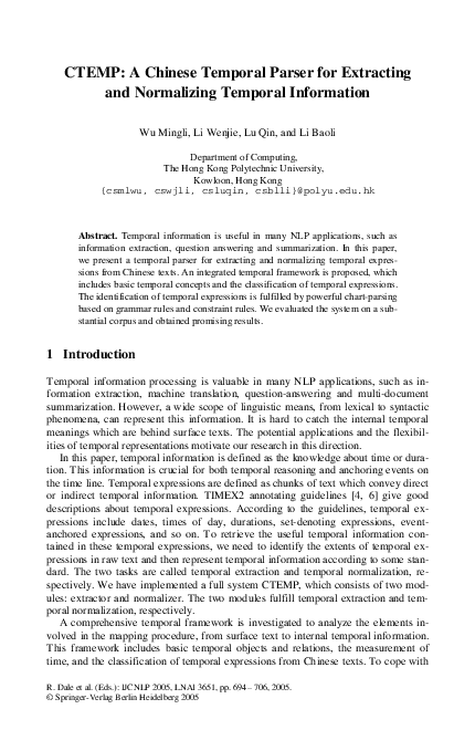 Pdf Ctemp A Chinese Temporal Parser For Extracting And Normalizing Temporal Information