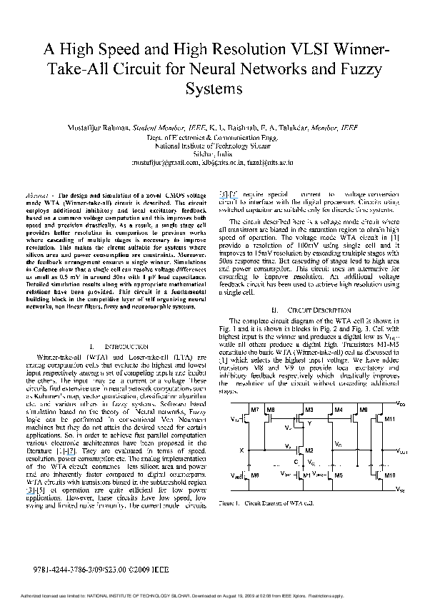 (PDF) A high speed and high resolution VLSI Winner-take-all circuit for neural networks and ...