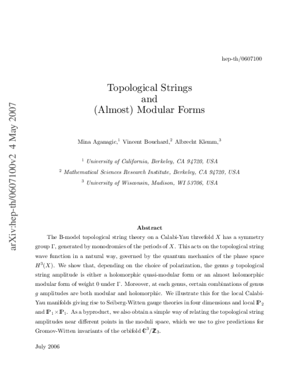 (PDF) Topological Strings and (Almost) Modular Forms (PDF) Topological Strings and (Almost) Modular Forms