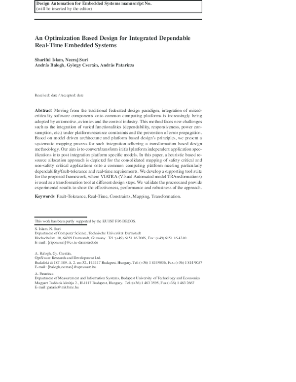 (PDF) An optimization based design for integrated dependable real-time embedded systems