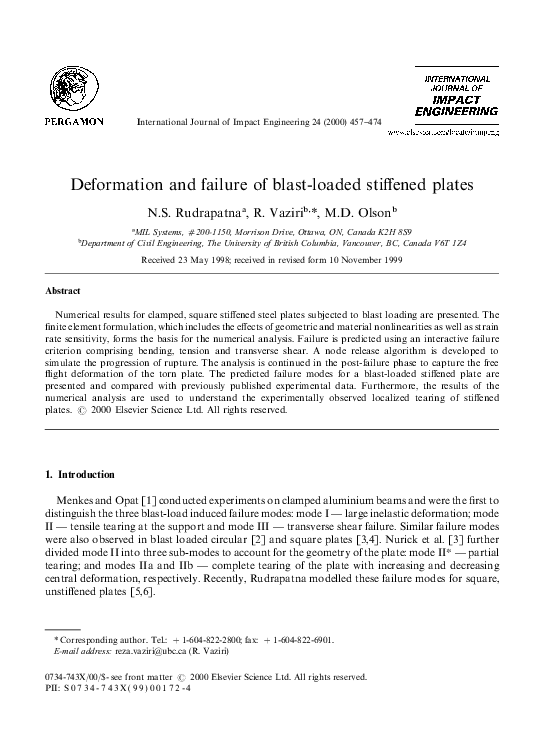 (PDF) Deformation and failure of blast-loaded stiffened plates