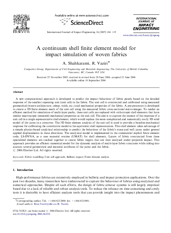 Pdf A Continuum Shell Finite Element Model For Impact Simulation Of Woven Fabrics