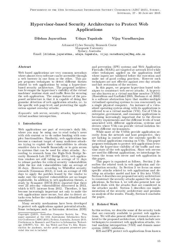 (PDF) Hypervisor-based Security Architecture to Protect Web Applications