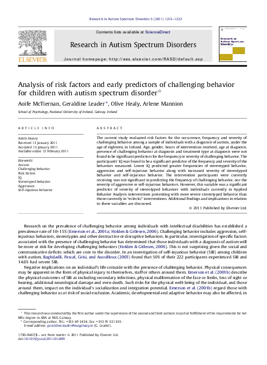 (PDF) Analysis of risk factors and early predictors of challenging ...