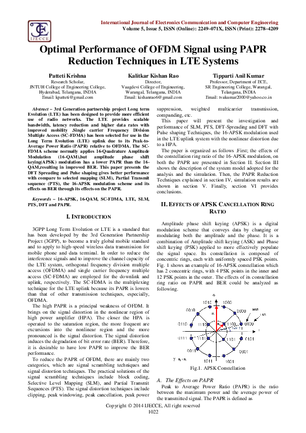 Pdf Optimal Performance Of Ofdm Signal Using Papr Reduction