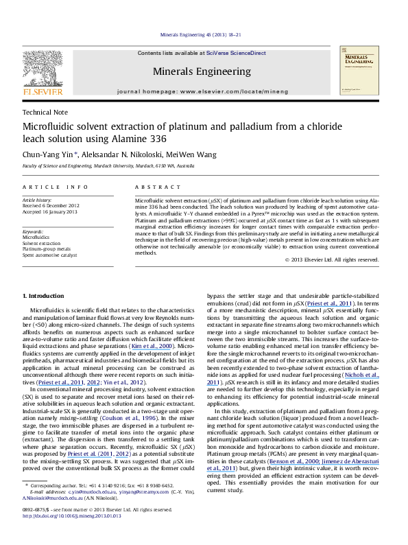 (PDF) Microfluidic solvent extraction of platinum and palladium from a ...