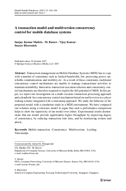 Pdf A Transaction Model And Multiversion Concurrency Control For Mobile Database Systems