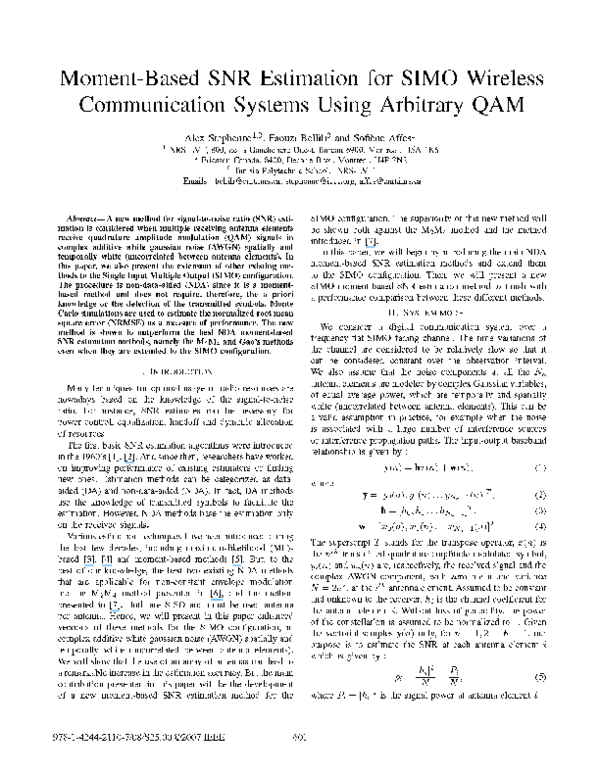 Moment Based Snr Estimation For Simo Wireless Communication Systems Using Arbitrary Qam