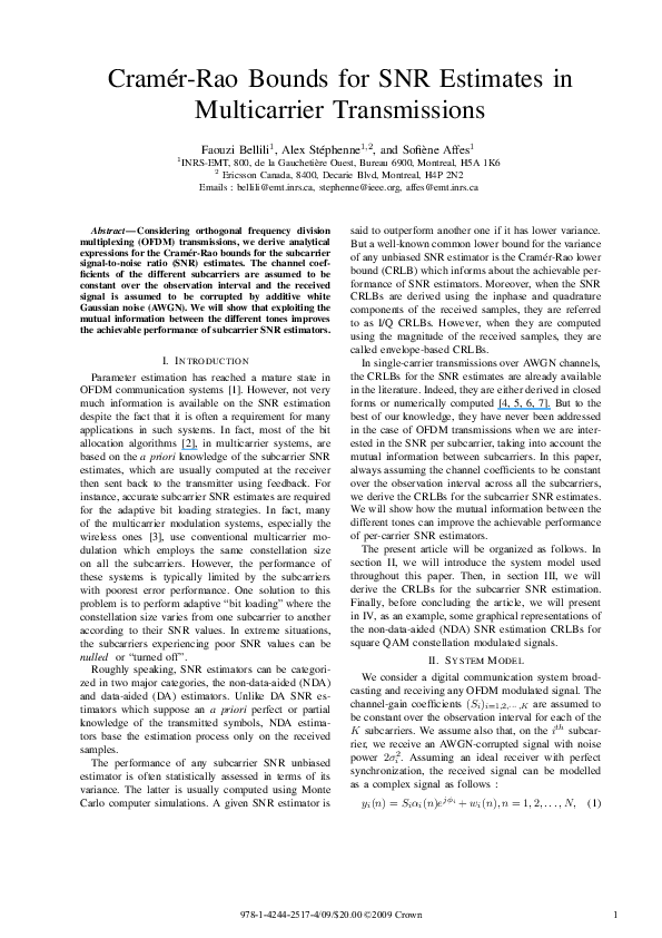 (PDF) Cramér-Rao Bounds for SNR Estimates in Multicarrier Transmissions