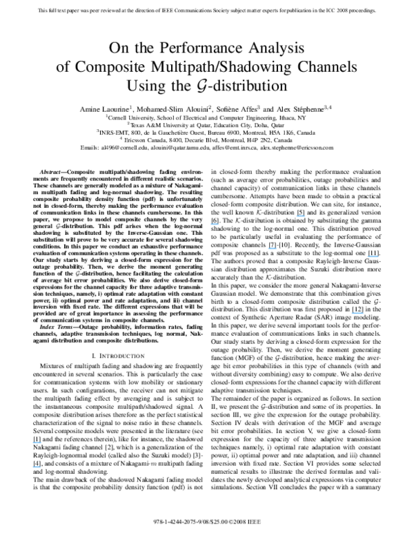 (PDF) On the Performance Analysis of Composite Multipath/Shadowing Channels Using the G-Distribution