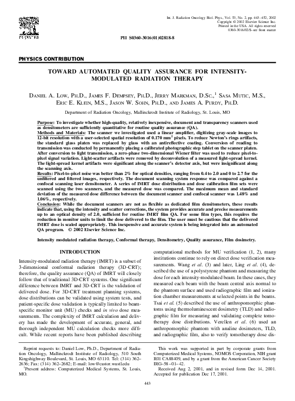 (PDF) Toward automated quality assurance for intensity- modulated radiation therapy