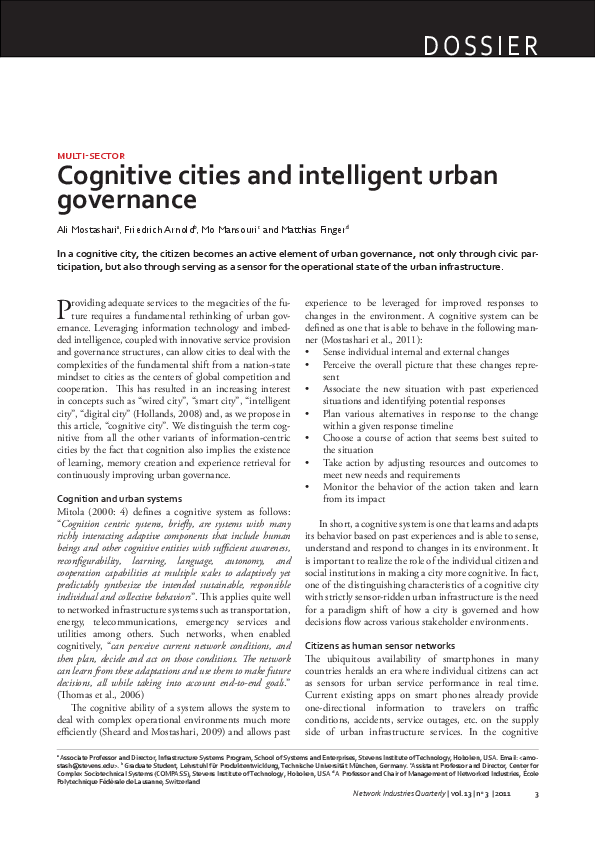 (PDF) Cognitive Cities and Intelligent Urban Governance