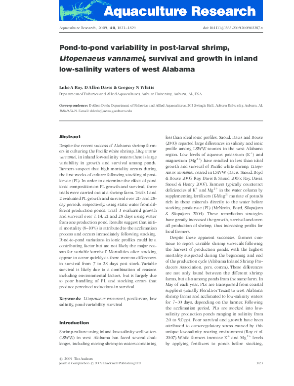 (PDF) Pond-to-pond variability in post-larval shrimp, Litopenaeus vannamei , survival and growth ...