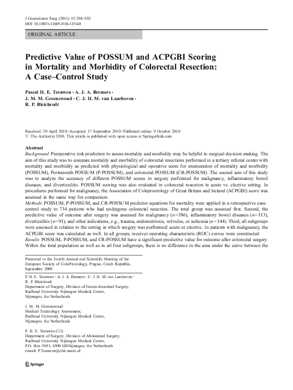 (PDF) Predictive Value of POSSUM and ACPGBI Scoring in Mortality and ...