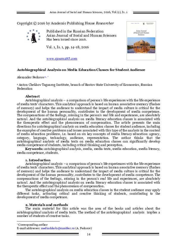 (PDF) Autobiographical Analysis on Media Education Classes for Student ...