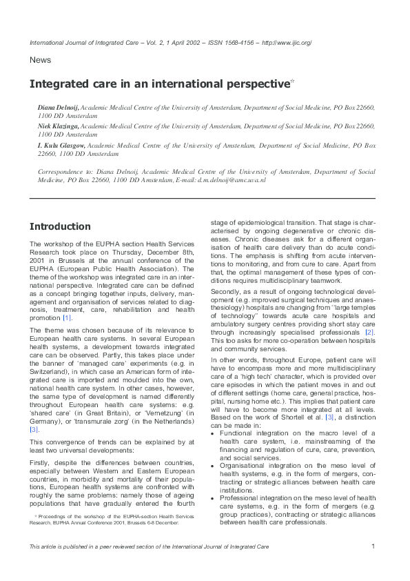 (PDF) Integrated care in an international perspective