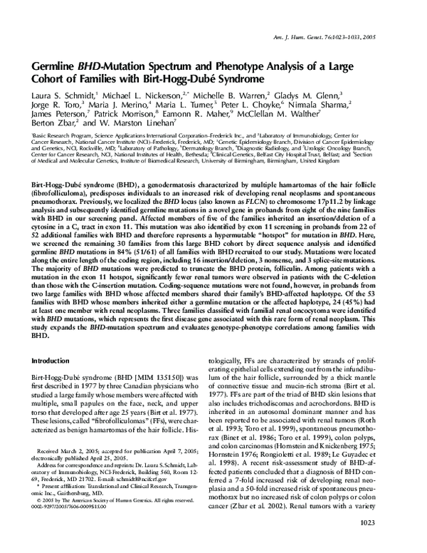 (PDF) Germline BHD-Mutation Spectrum and Phenotype Analysis of a Large ...