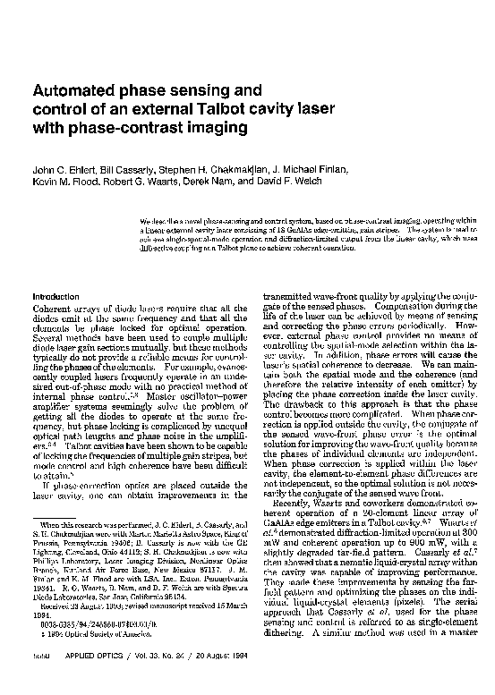 Pdf Automated Phase Sensing And Control Of An External Talbot Cavity