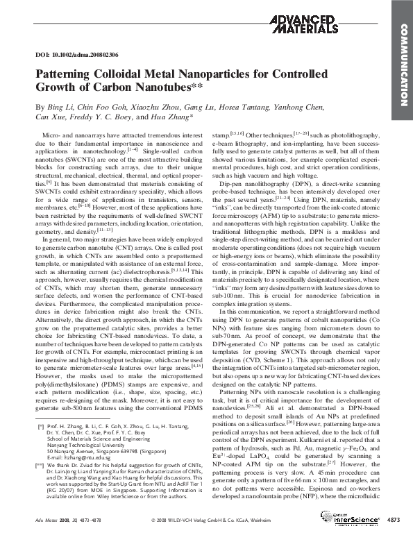 (PDF) Patterning Colloidal Metal Nanoparticles for Controlled Growth of Carbon Nanotubes