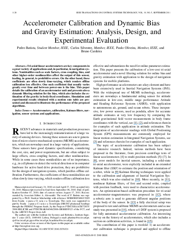Pdf Accelerometer Calibration And Dynamic Bias And Gravity Estimation