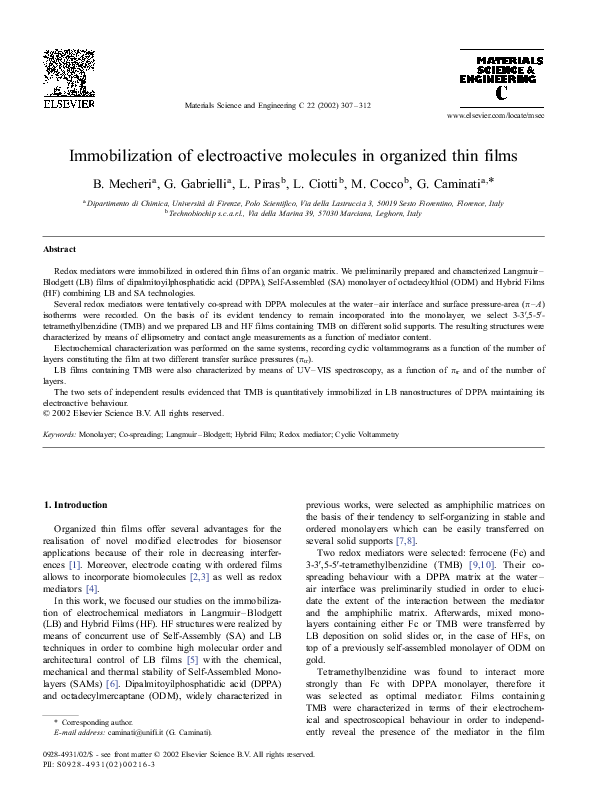 (PDF) Immobilization of electroactive molecules in organized thin films
