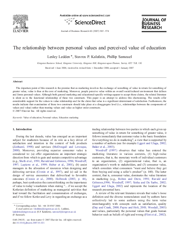 (PDF) The relationship between personal values and perceived value of education