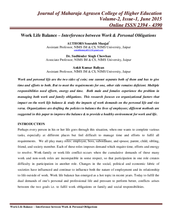 (PDF) Work Life Balance – Interference between Work & Personal ...