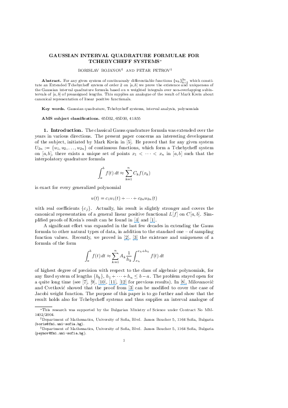 Pdf Gaussian Interval Quadrature Formulae For Tchebycheff Systems
