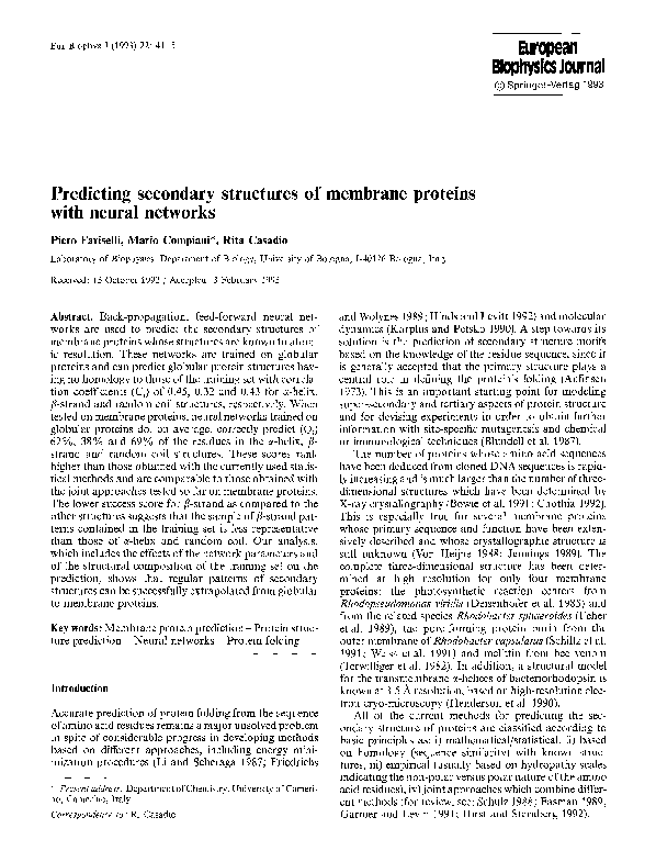 (PDF) Predicting secondary structures of membrane proteins with neural networks