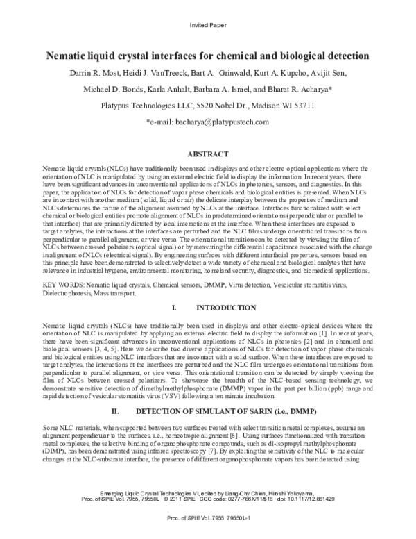 (PDF) Nematic liquid crystal interfaces for chemical and biological detection