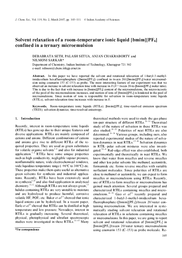 (PDF) Solvent relaxation of a room-temperature ionic liquid [bmim][PF 6 ...