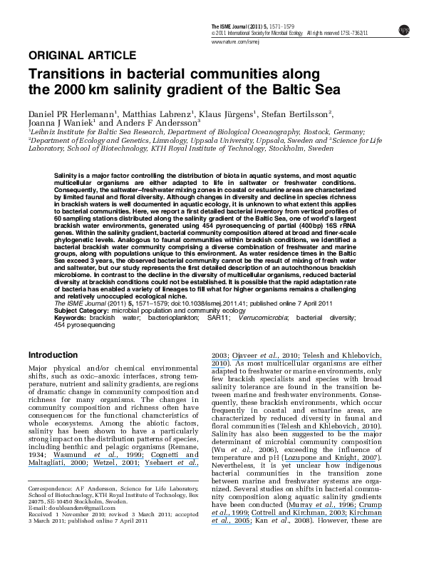 (PDF) Transitions in bacterial communities along the 2000 km salinity gradient of the Baltic Sea ...