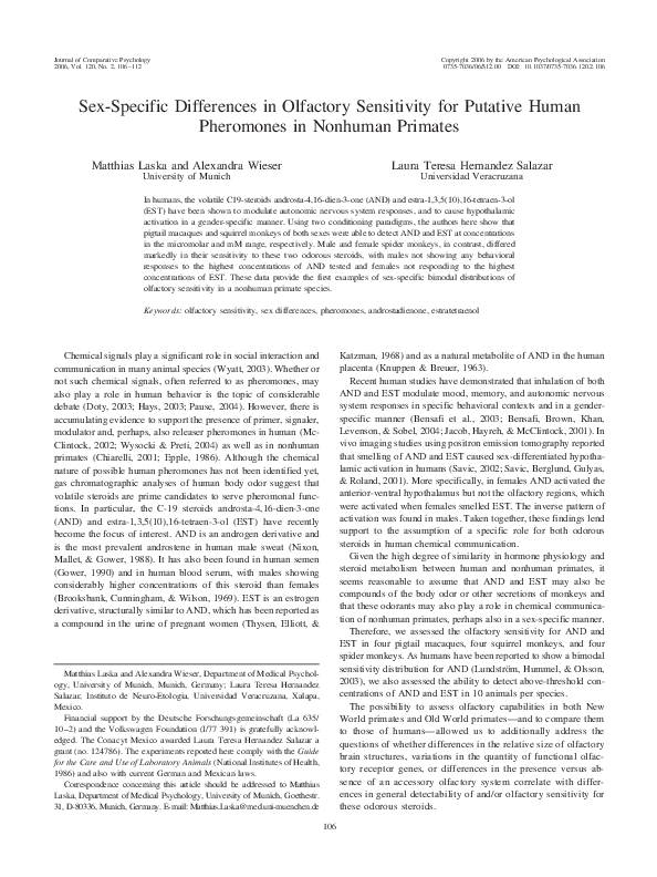 Pdf Sex Specific Differences In Olfactory Sensitivity For Putative Human Pheromones In