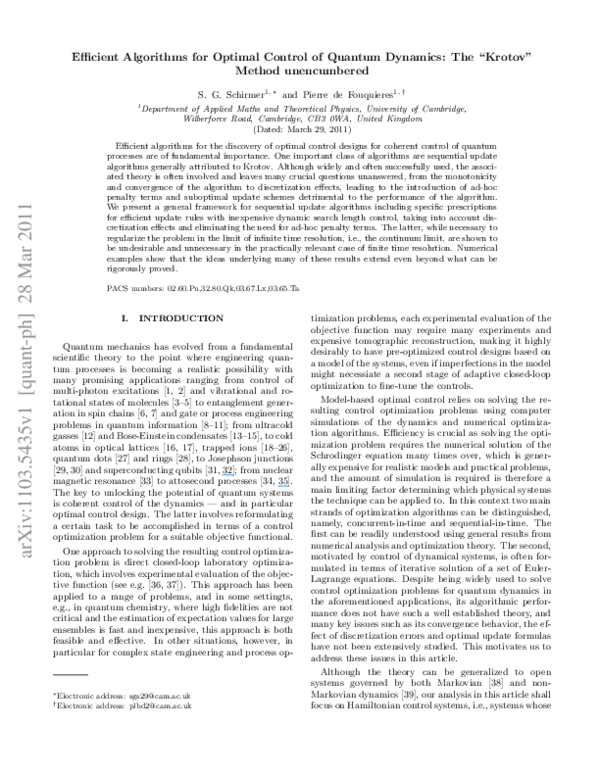 (PDF) Efficient algorithms for optimal control of quantum dynamics: the Krotov method ...