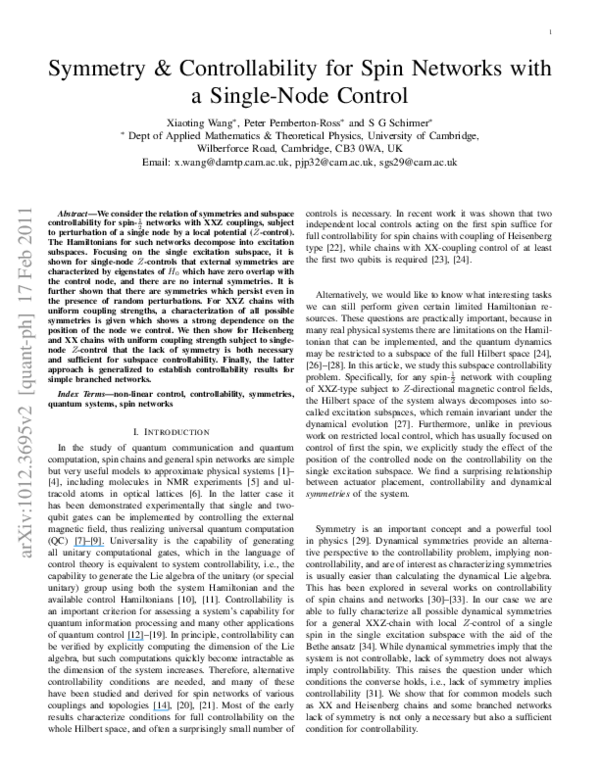 (PDF) Symmetry and Subspace Controllability for Spin Networks With a ...