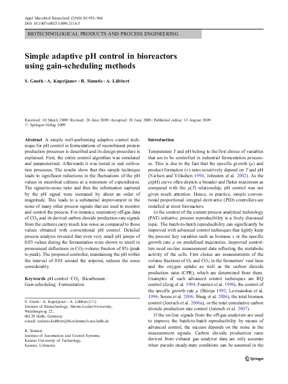 Pdf Simple Adaptive Ph Control In Bioreactors Using Gain Scheduling