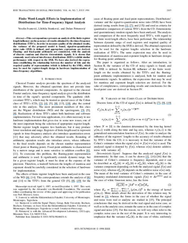 Pdf Finite Word Length Effects In Implementation Of Distributions For Time Frequency Signal