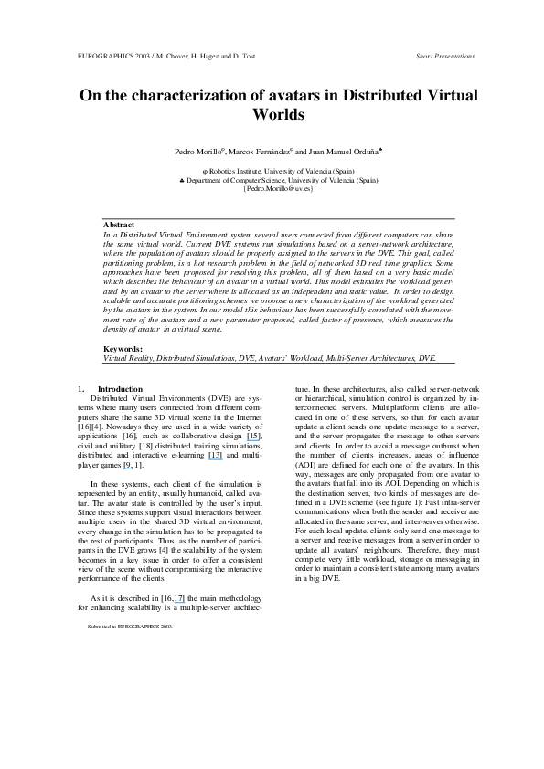 (PDF) On the characterization of avatars in Distributed Virtual Worlds