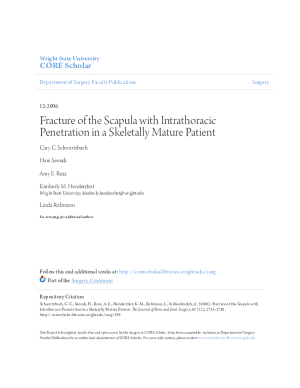 Pdf Fracture Of The Scapula With Intrathoracic Penetration In A Skeletally Mature Patient A