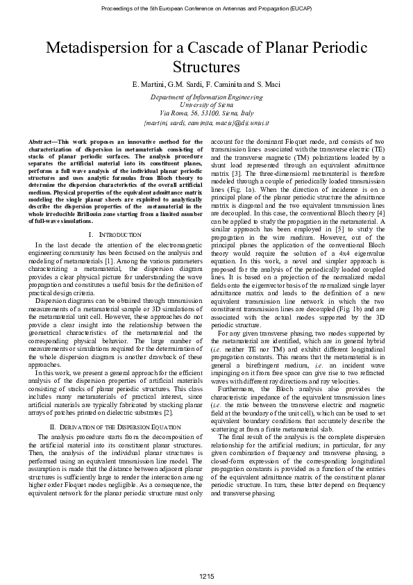Pdf Metadispersion For A Cascade Of Planar Periodic Structures