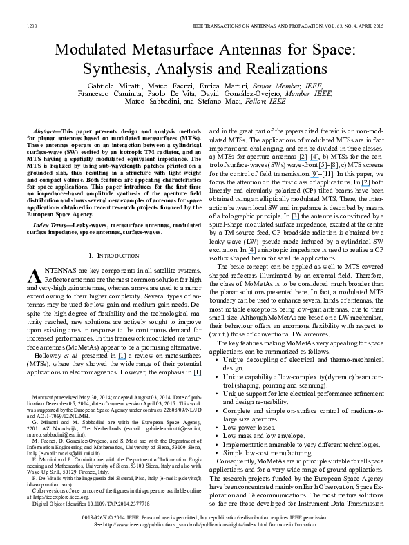 Pdf Modulated Metasurface Antennas For Space Synthesis Analysis And Realizations