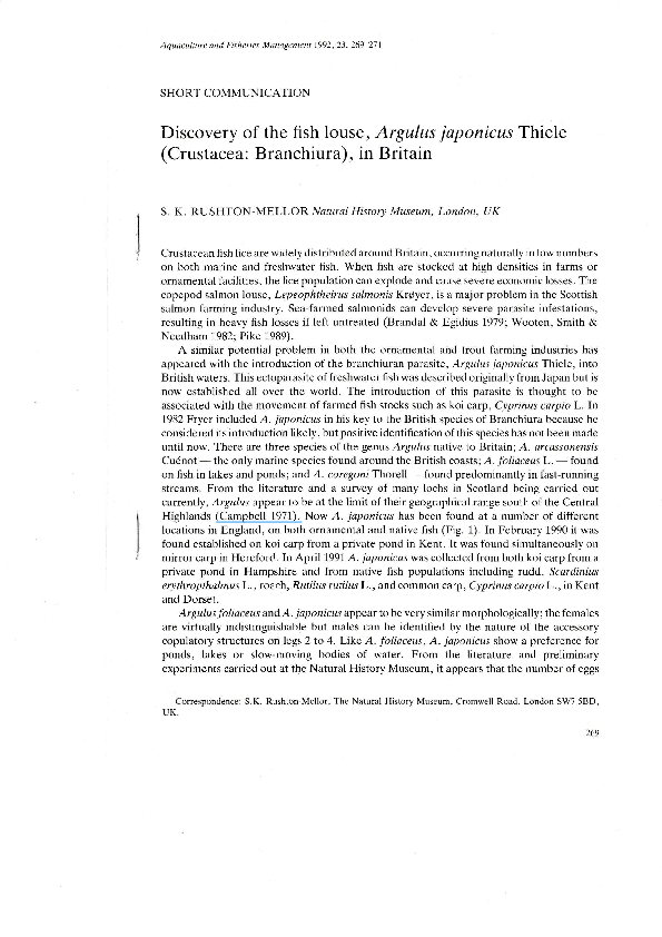 (PDF) Discovery of the fish louse, Argulus japonicus Thiele (Crustacea ...