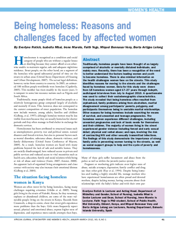 (PDF) Being homeless: Reasons and challenges faced by affected women