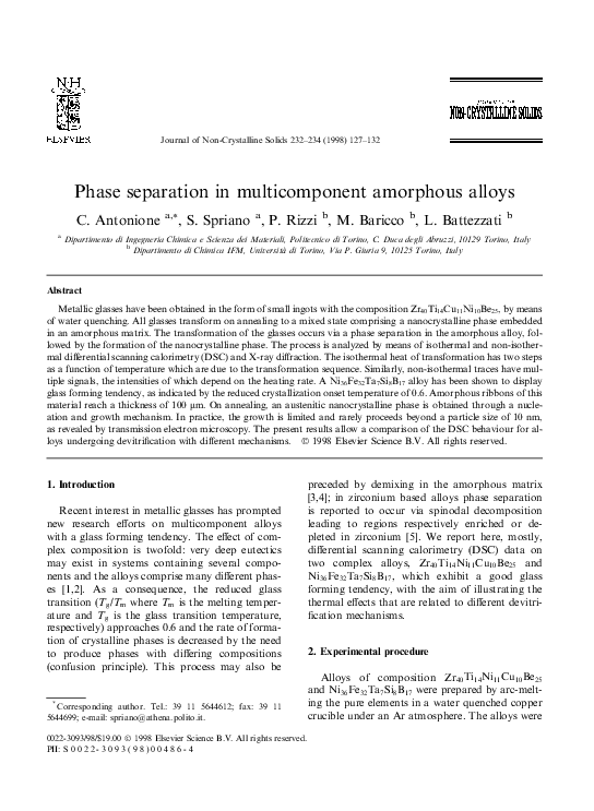 (PDF) Phase separation in multicomponent amorphous alloys