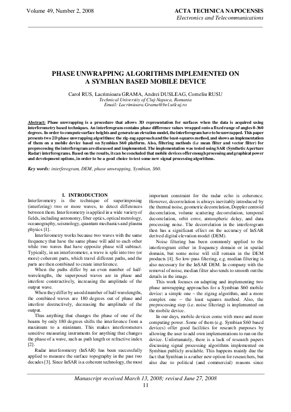 Pdf Phase Unwrapping Algorithms Implemented On A Symbian Based Mobile Device