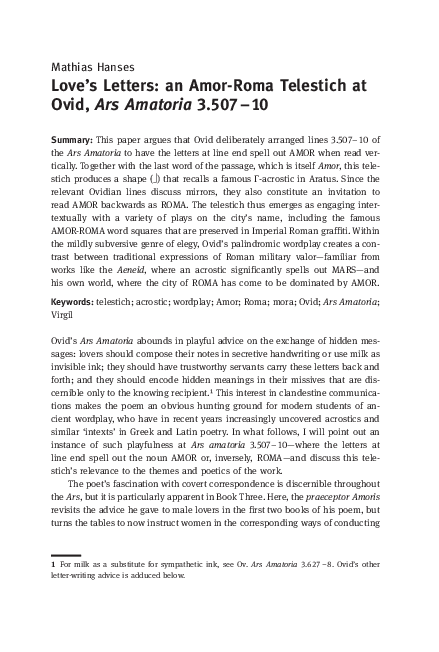 (PDF) Love's Letters: an Amor-Roma Telestich at Ovid, Ars Amatoria 3.507-10