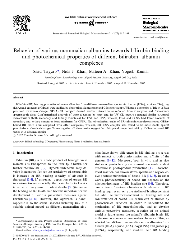 Pdf Behavior Of Various Mammalian Albumins Towards Bilirubin Binding And Photochemical