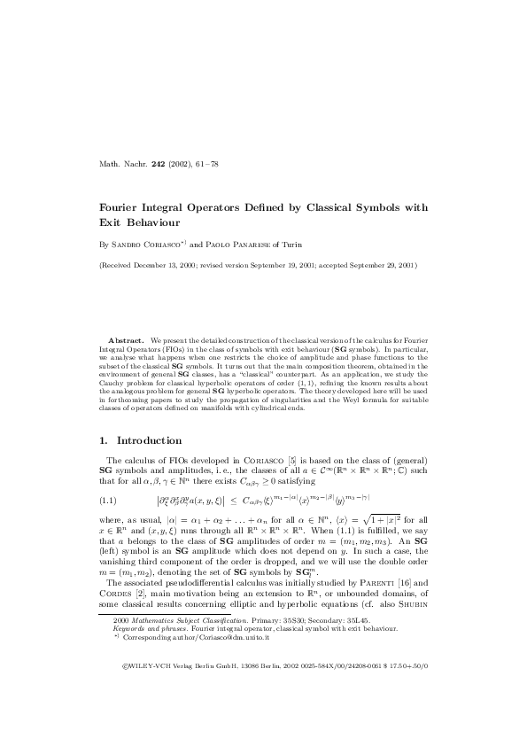 Pdf Fourier Integral Operators Defined By Classical Symbols With Exit Behaviour