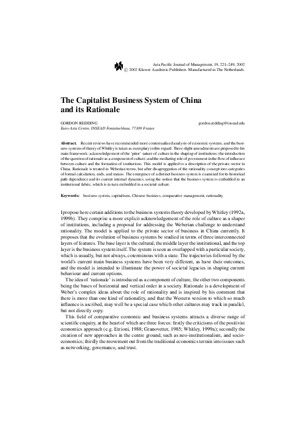 (PDF) The Capitalist Business System of China and its Rationale